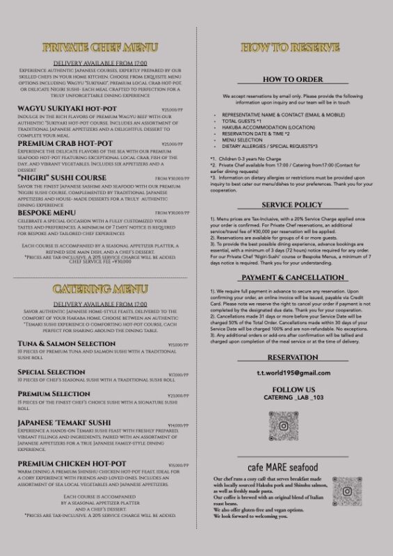 Private Chef Service - Catering Lab (NEW) - The Bear's Japan